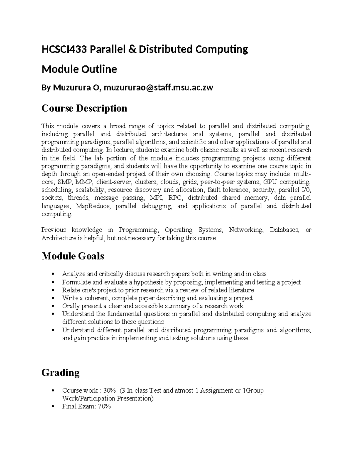 Hcsci 433 Parallel Outline - HCSCI433 Parallel & Distributed Computing Module Outline By - Studocu