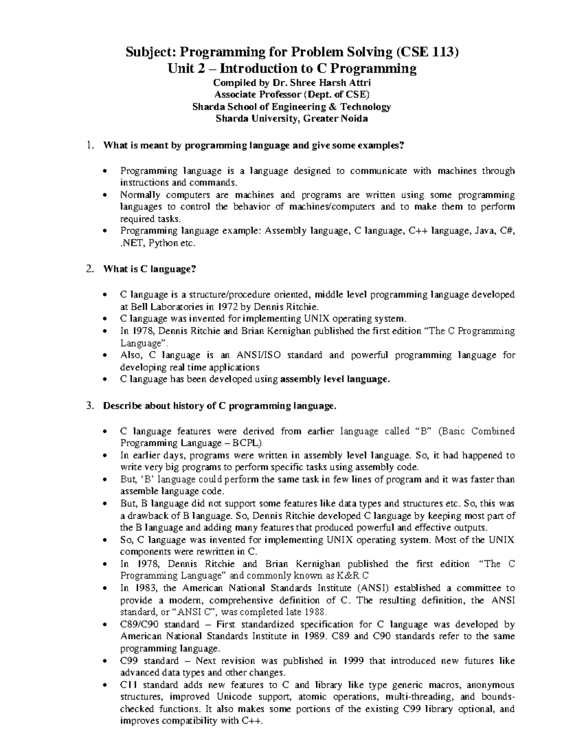 CSE113 Unit 2 Intro To C Programming Subject Programming For