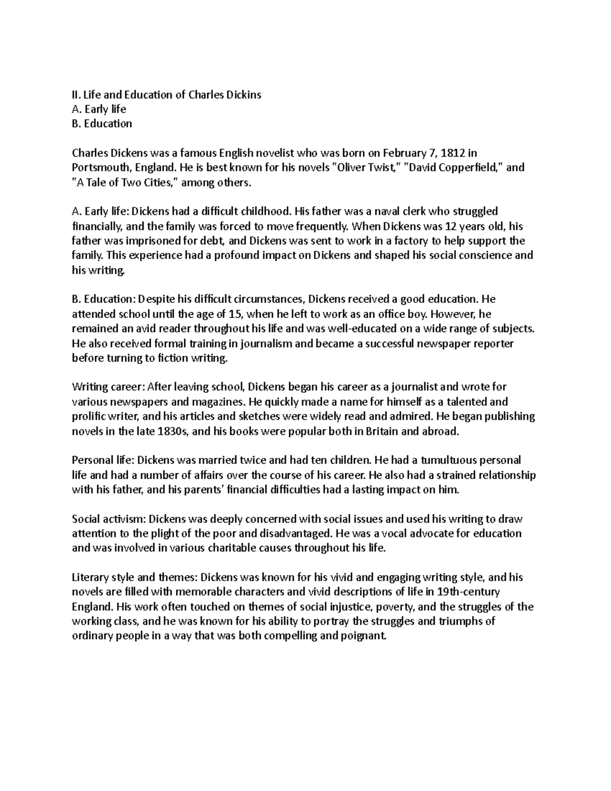 Charles Dickens; Early Life and Education - II. Life and Education of ...