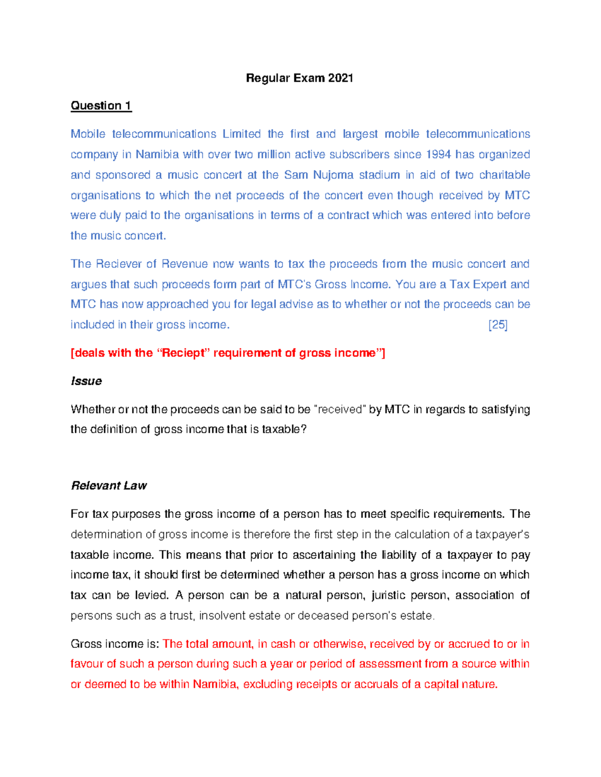 Tax Law Exam 2021 Q&A - TAX LAW PAST EXAMINATIONS QUESTIONS AND ANSWERS ...