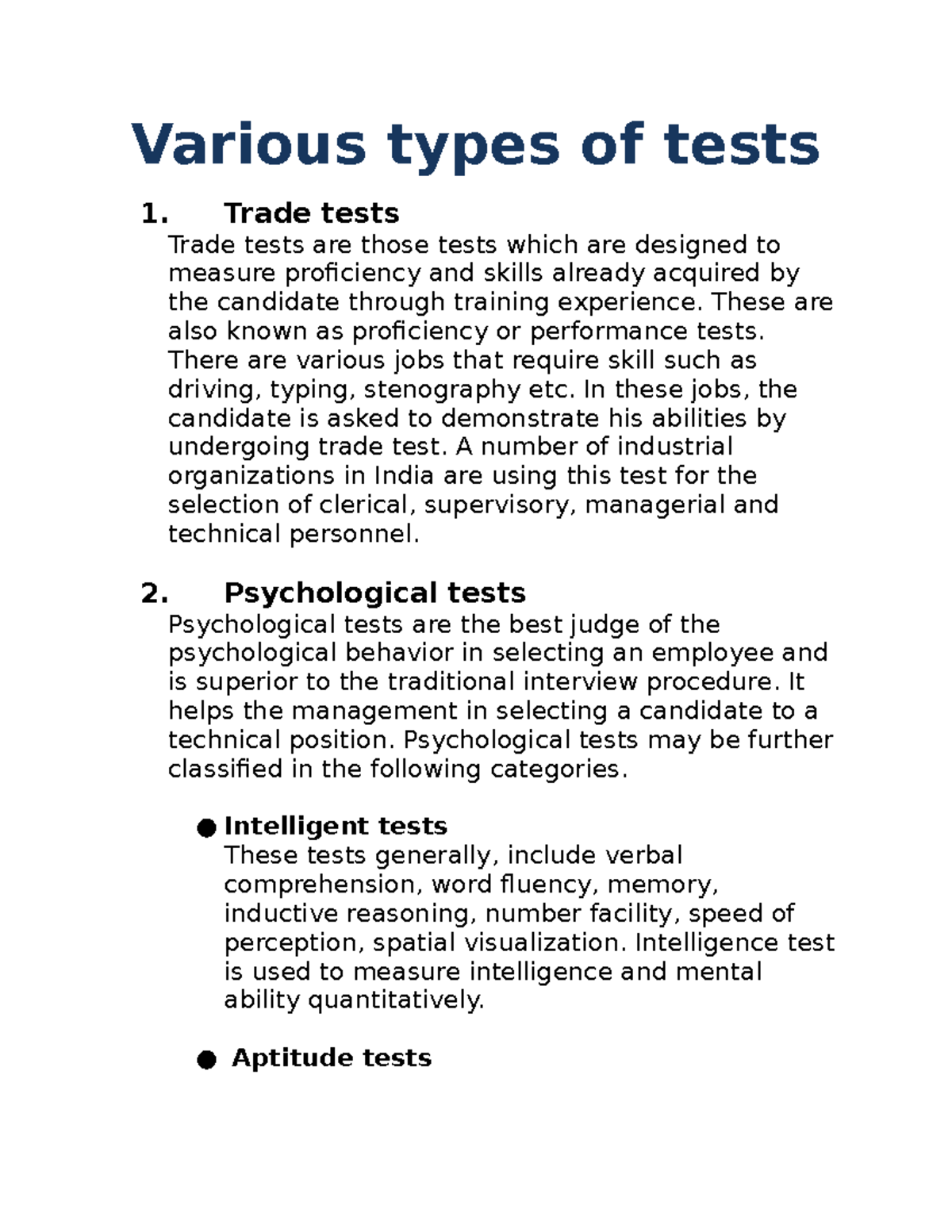 Various types of tests - Trade tests Trade tests are those tests which ...