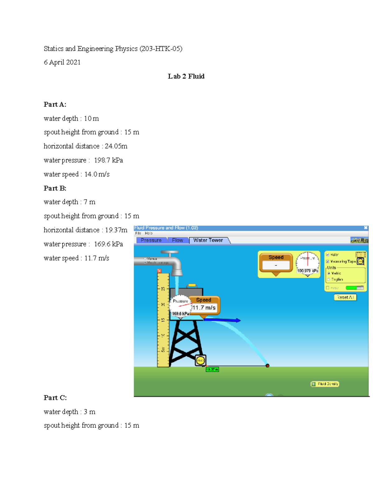 Lab 2 Fluid - lab 2 - Statics and Engineering Physics (203-HTK-05) 6 ...