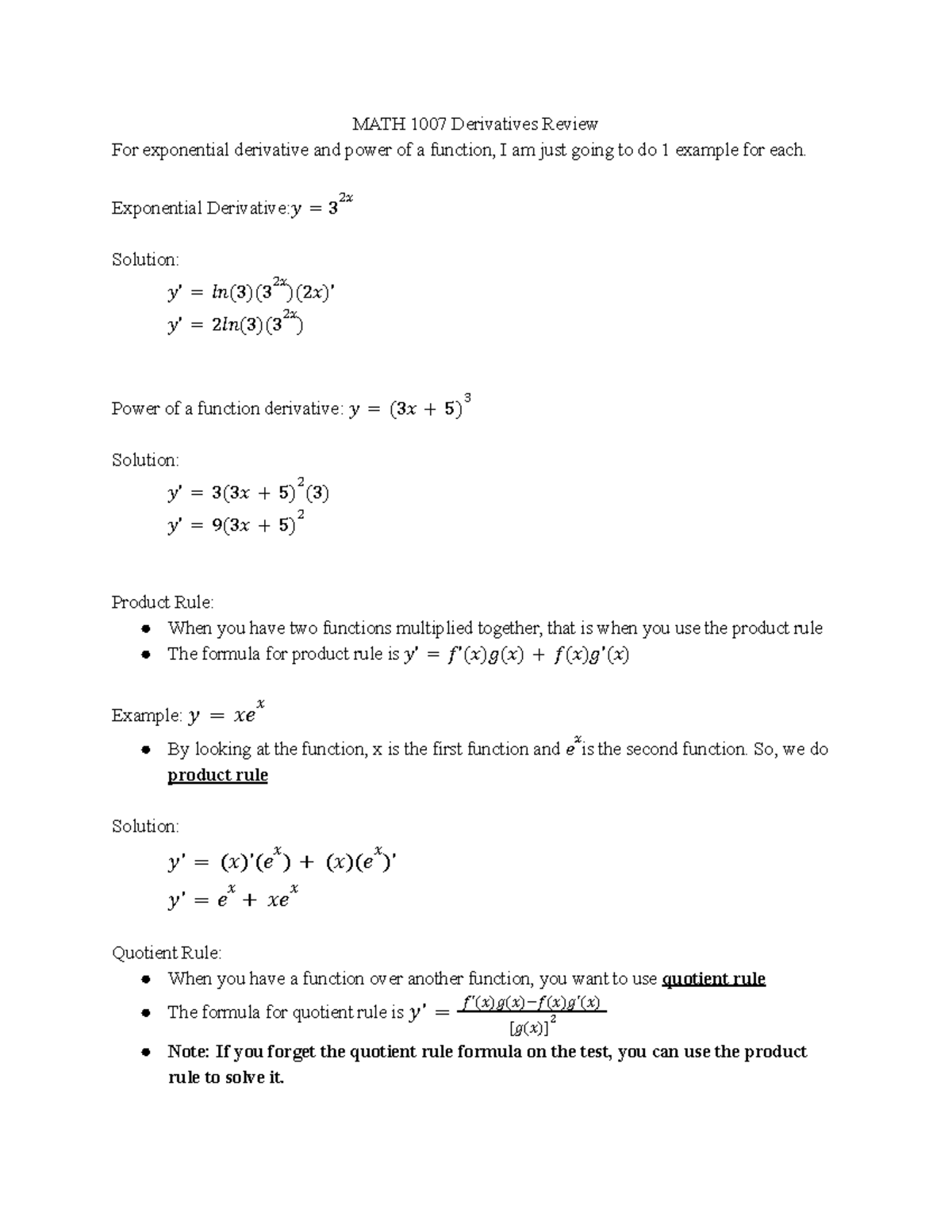 MATH 1007: Derivatives Study Guide for 2020/21 Calculus Course for ...