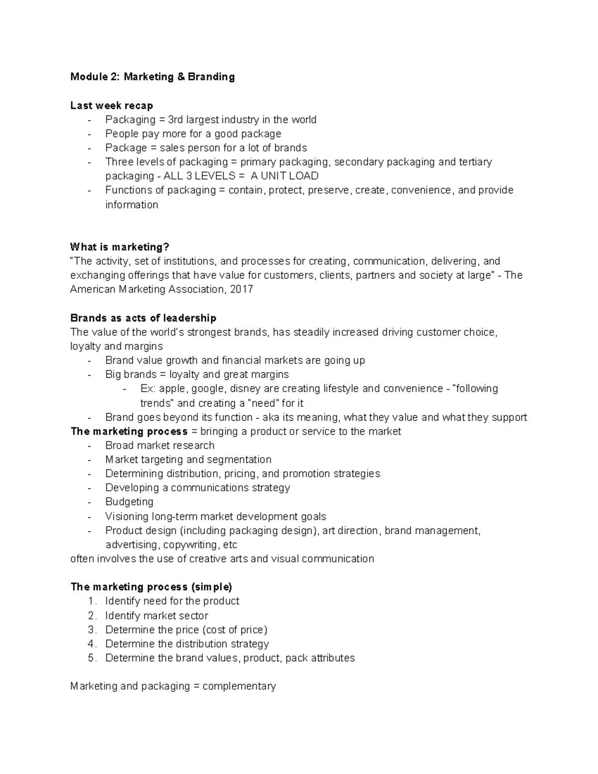 Module 2 - Notes - Module 2: Marketing & Branding Last week recap ...