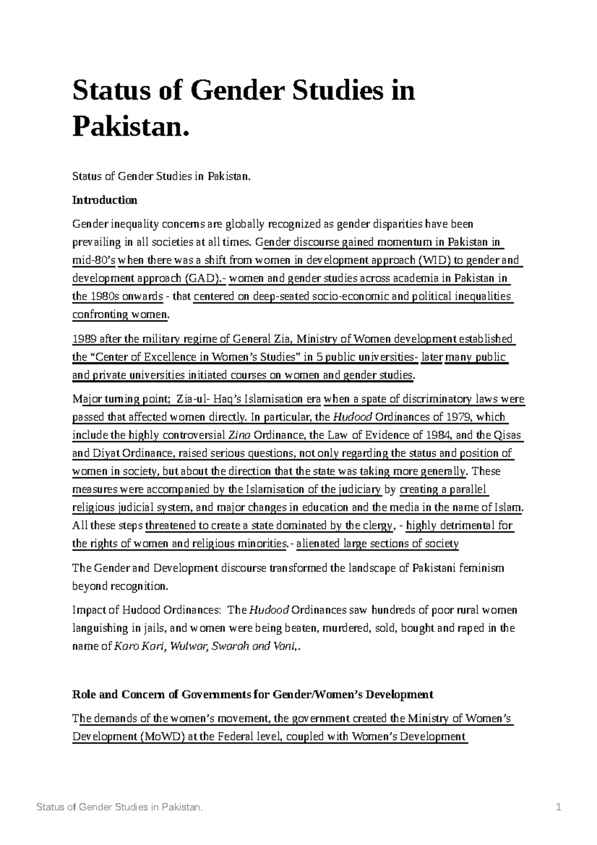 Status of Gender Studies in Pakistan - Status of Gender Studies in ...