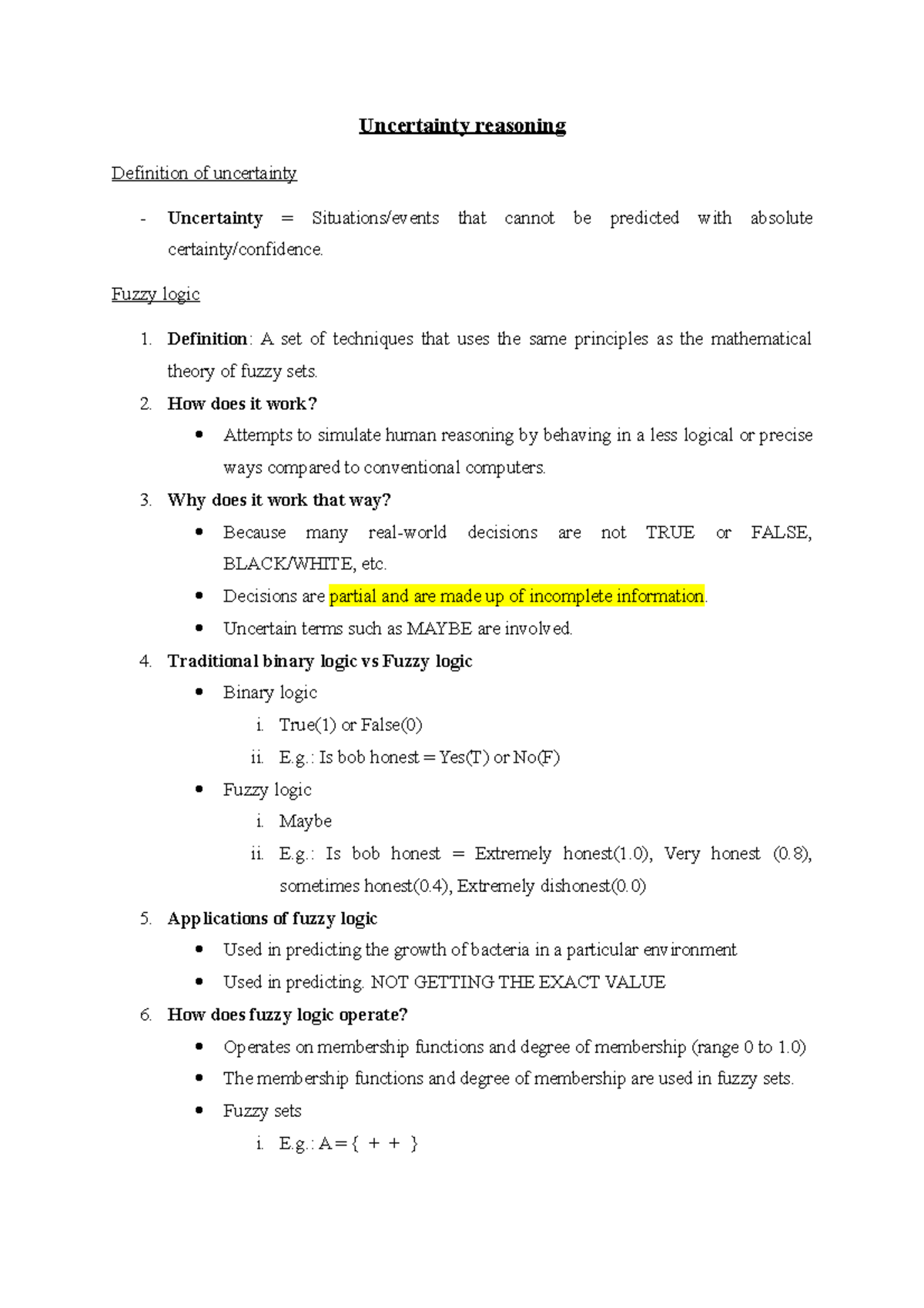 Week 11 Uncertainty reasoning(Fuzzy logic) - Uncertainty reasoning Definition of uncertainty ...