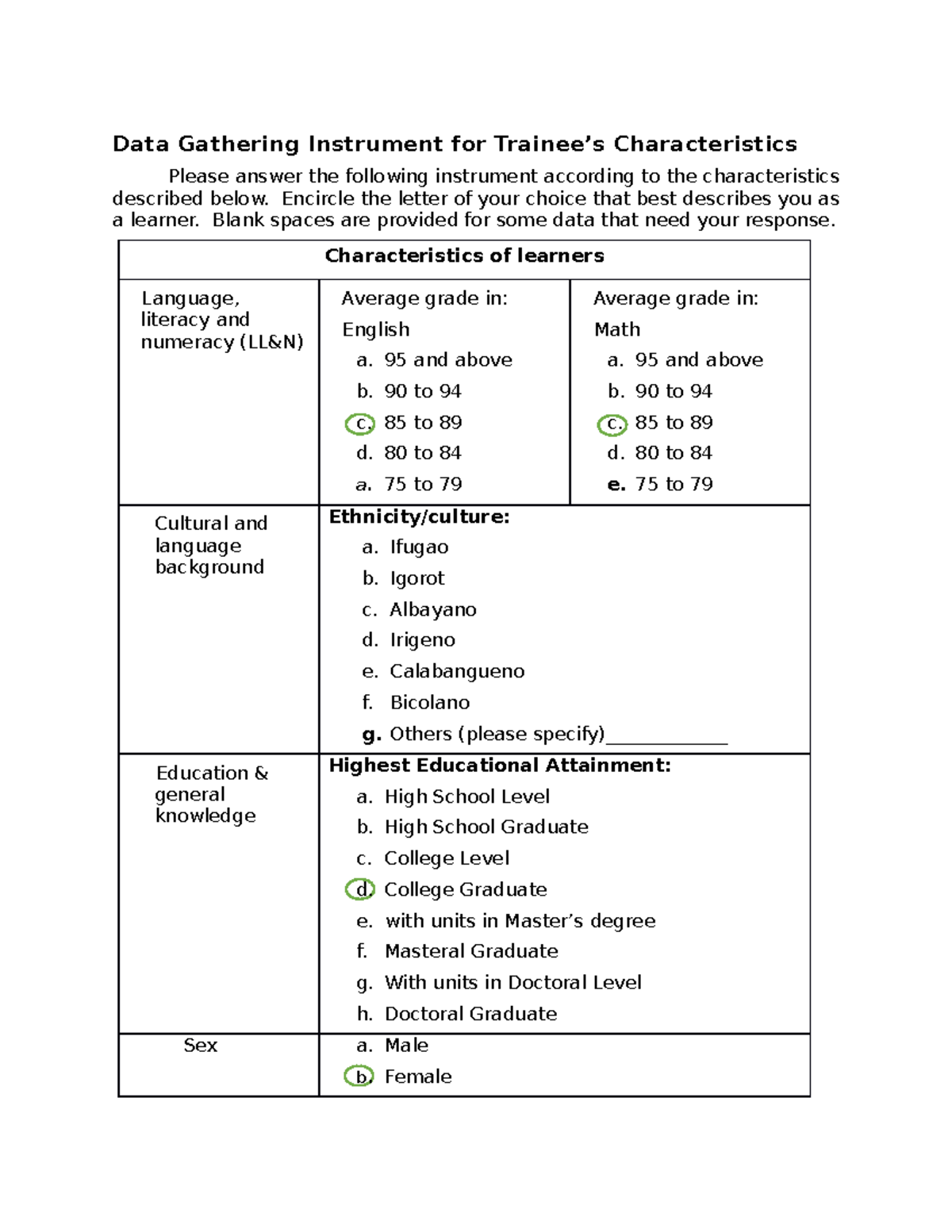 Trainees characteristic - Data Gathering Instrument for Trainee’s ...