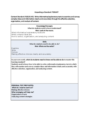 Toolkit I - Unpacking a Standard: TOOLKIT Content Standard: NJSLSA ...