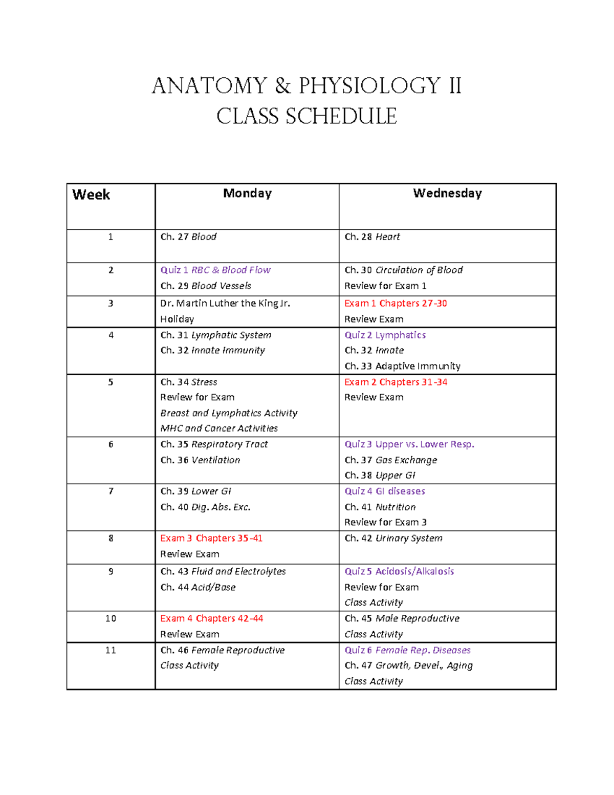 Ap2 schedule - 777 - Warning: TT: undefined function: 32 Anatomy & Physiology II Class Schedule ...