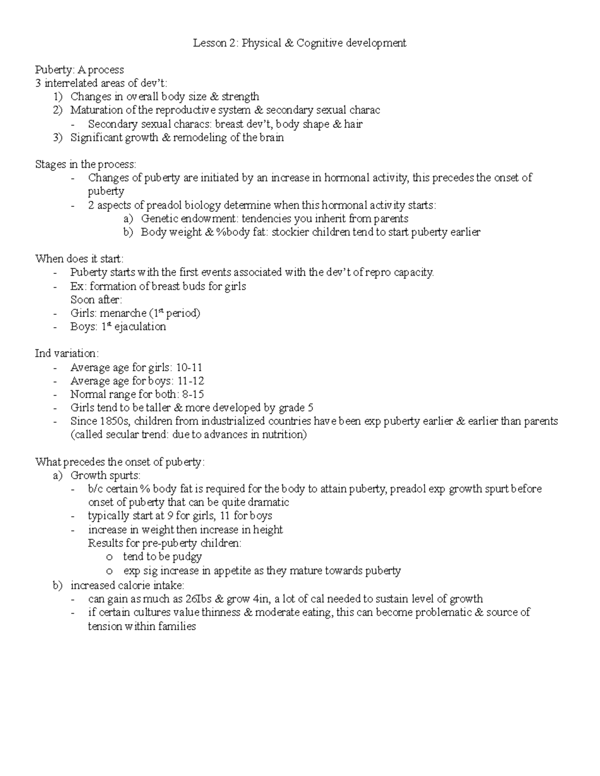 Lesson 2 notes - Lesson 2: Physical & Cognitive development Puberty: A ...