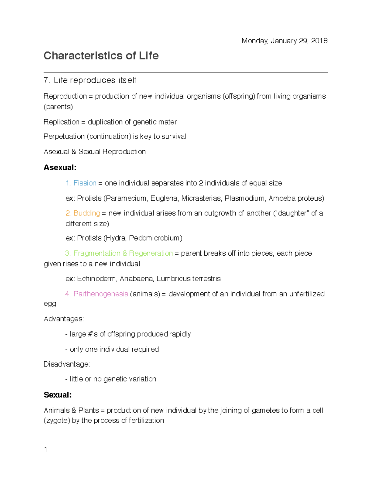 Bio 121 - wk 4 - week 4 - Monday, January 29, 2018 Characteristics of ...