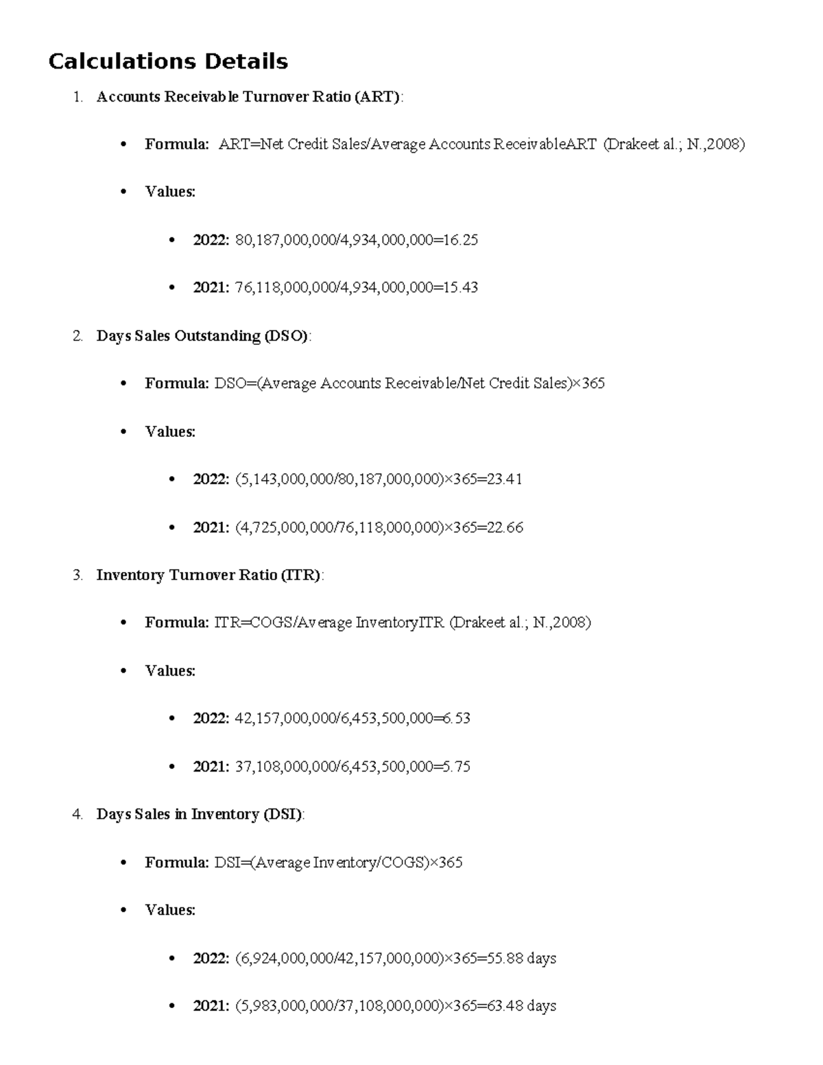 Learning Journal Unit 5 - Calculations Details 1. Accounts Receivable Turnover Ratio (ART ...