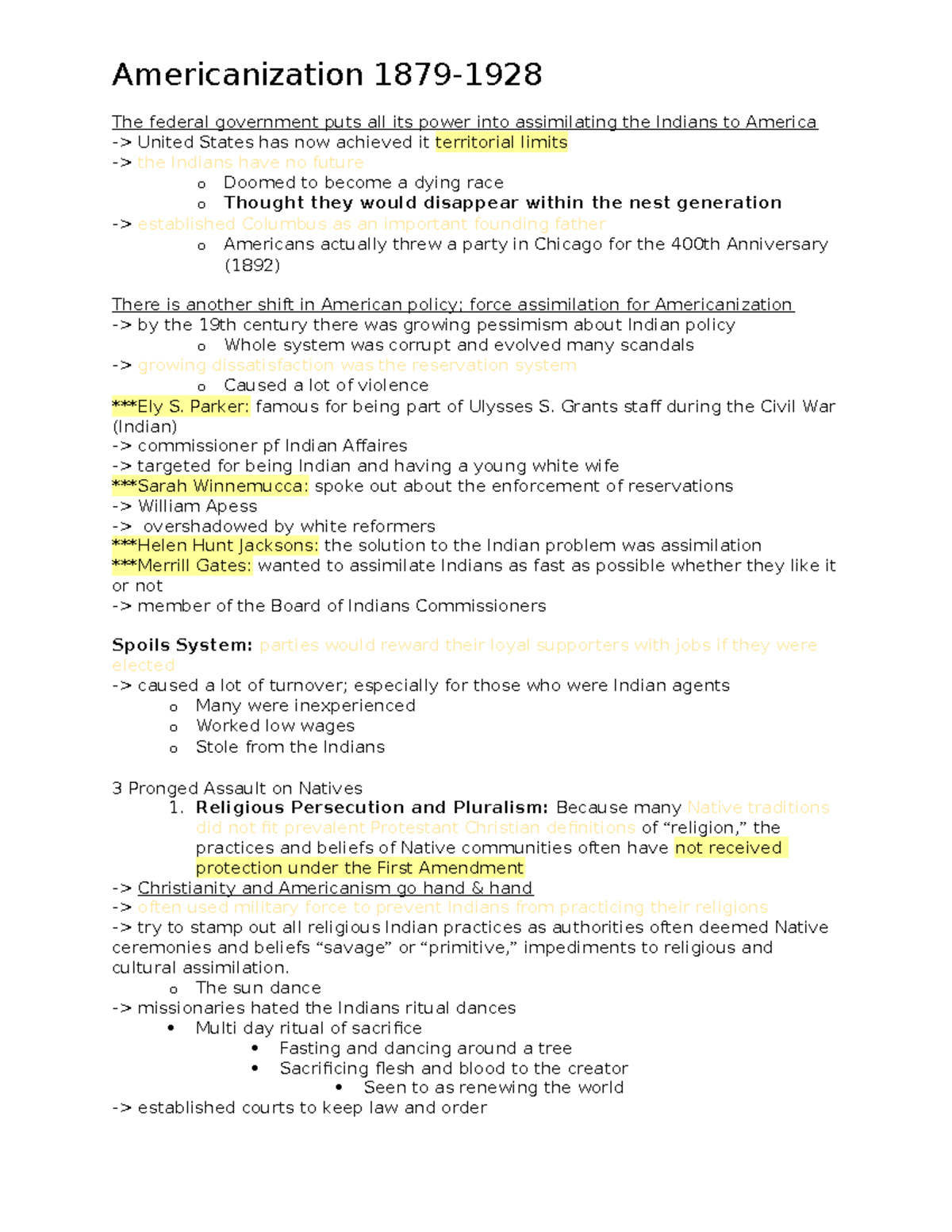 Americanization 1879-1928 Notes - The federal government puts all its ...