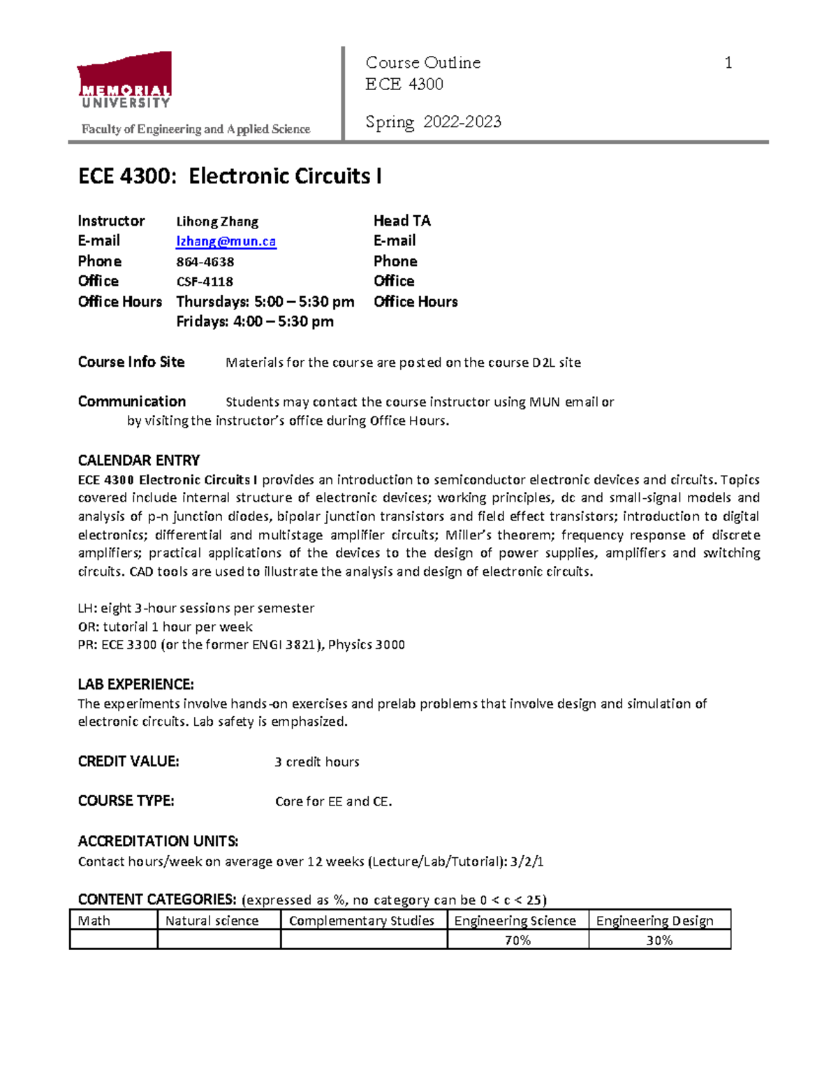 Ece4300Course Outline - Faculty of Engineering and Applied Science ECE ...