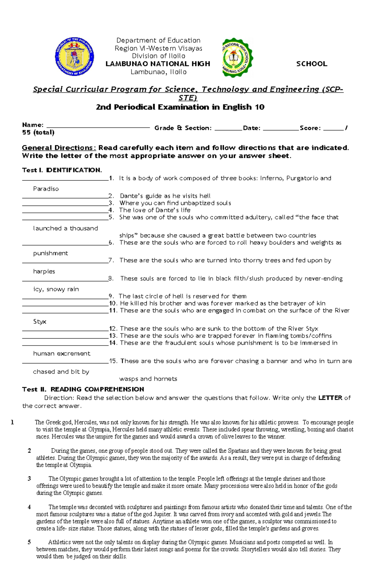 2nd periodical exam english 10 - Department of Education Region VI ...