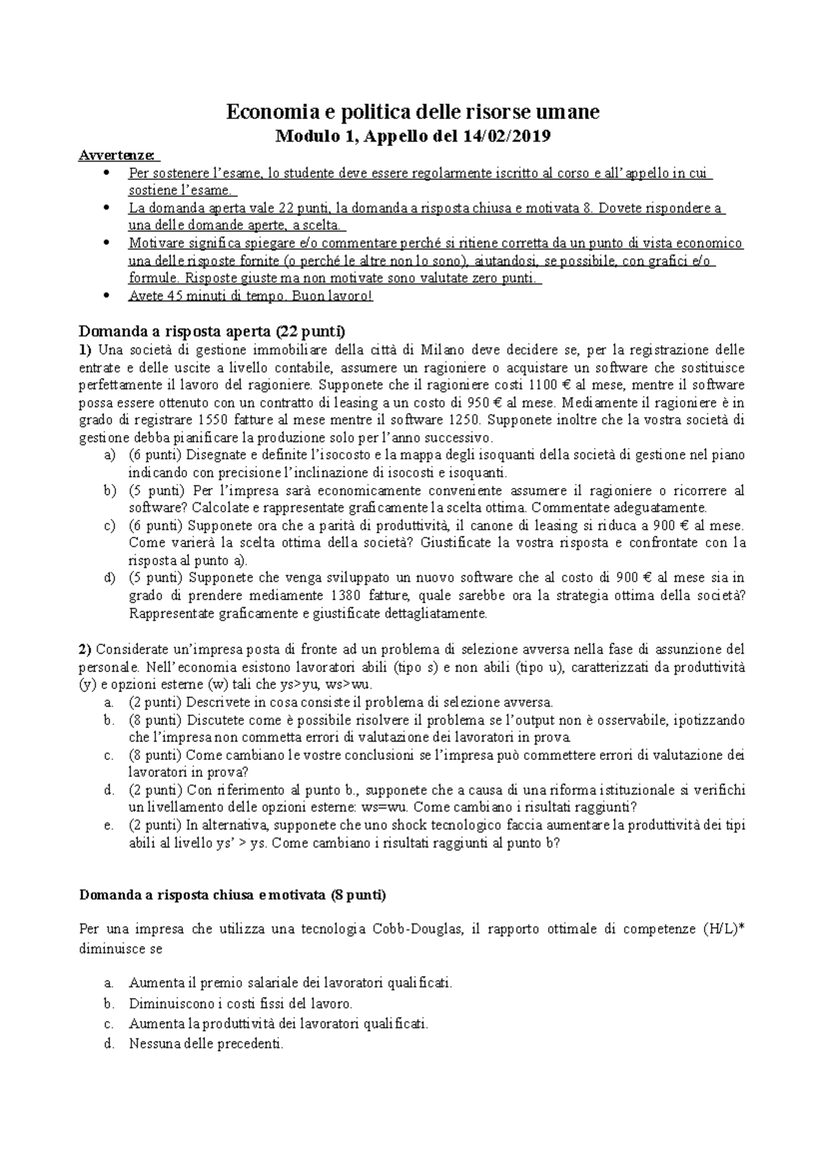 EPRU 140219 modulo 1 - Economia e politica delle risorse umane Modulo 1 ...