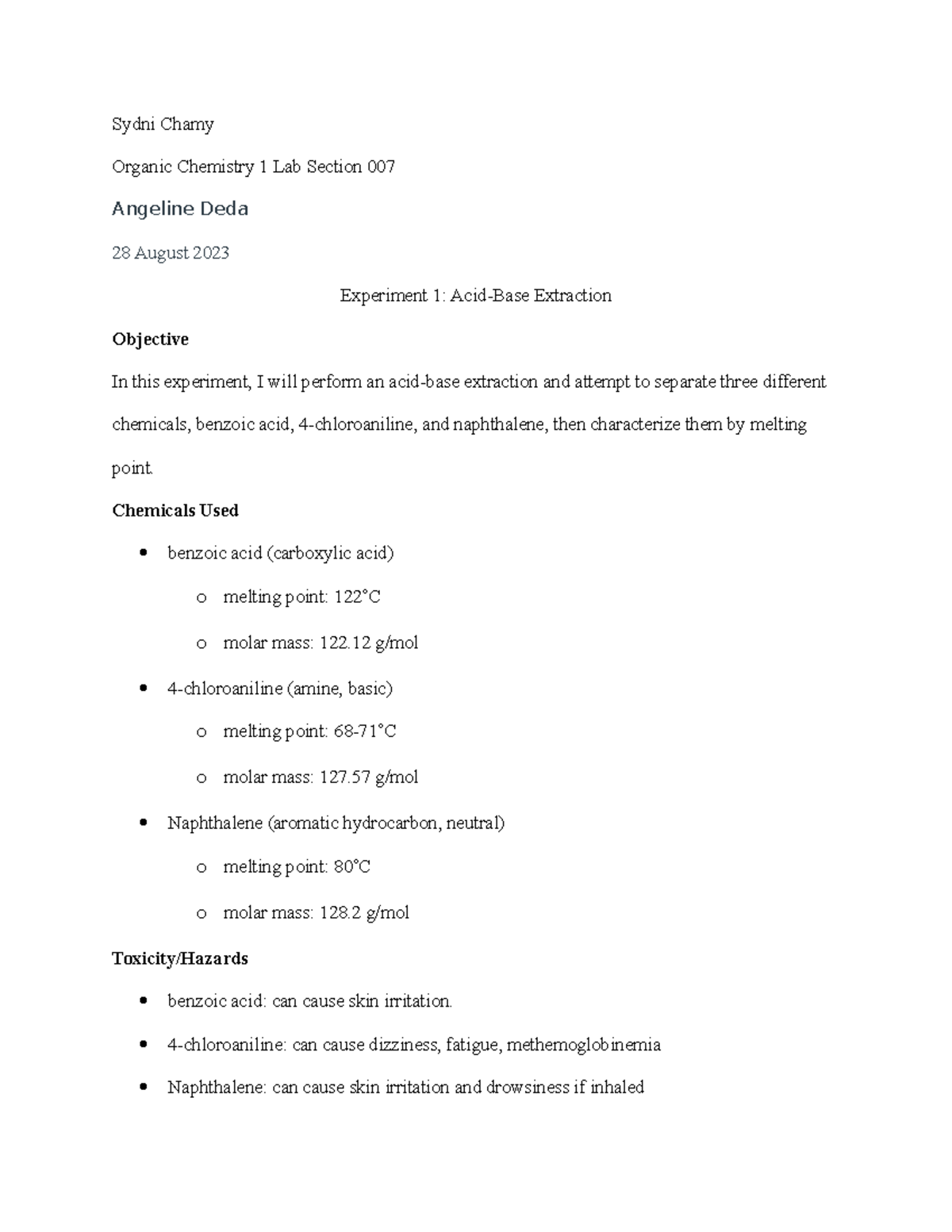 Orgo 1 pre-lab - Acid-base extraction: separation of an organic acid, a ...