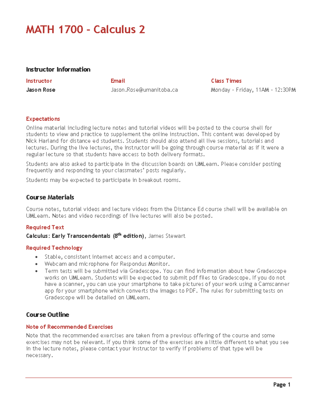 MATH 1700 Course Syllabus - Page 1 MATH 1700 – Calculus 2 Instructor ...