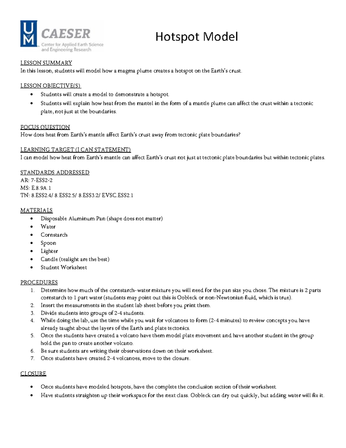 Hotspots-Model - work sheets - Hotspot Model LESSON SUMMARY In this ...