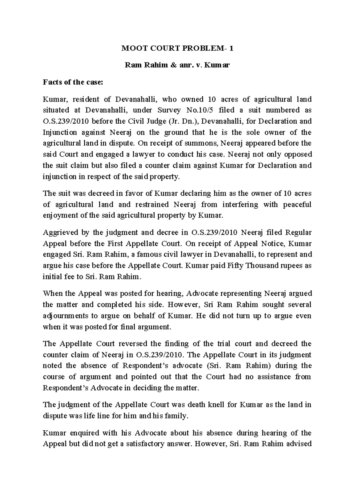 MOOT Court Problem 21 - MOOT COURT PROBLEM- 1 Ram Rahim & anr. v. Kumar ...