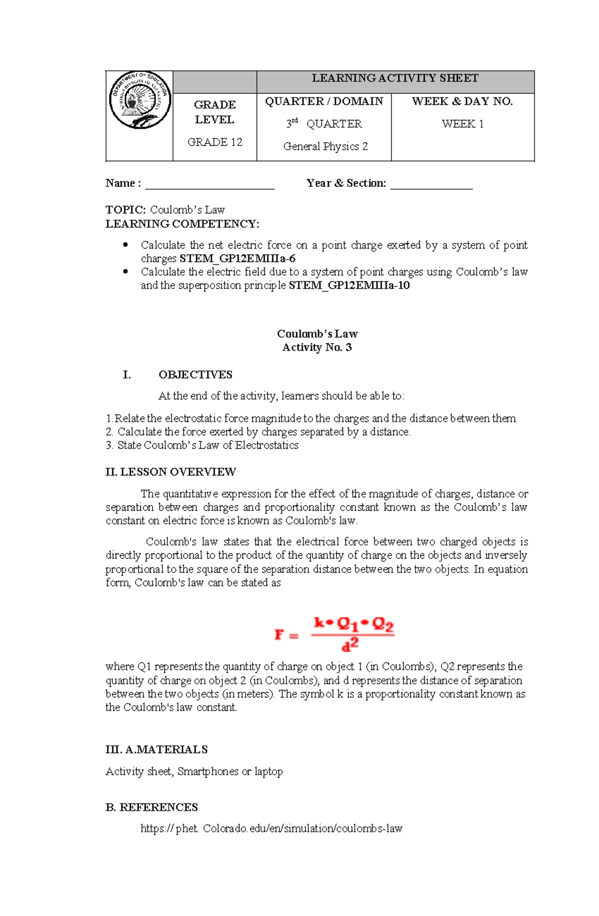 Activity sheet for Coulumb's Law - LEARNING ACTIVITY SHEET GRADE LEVEL ...