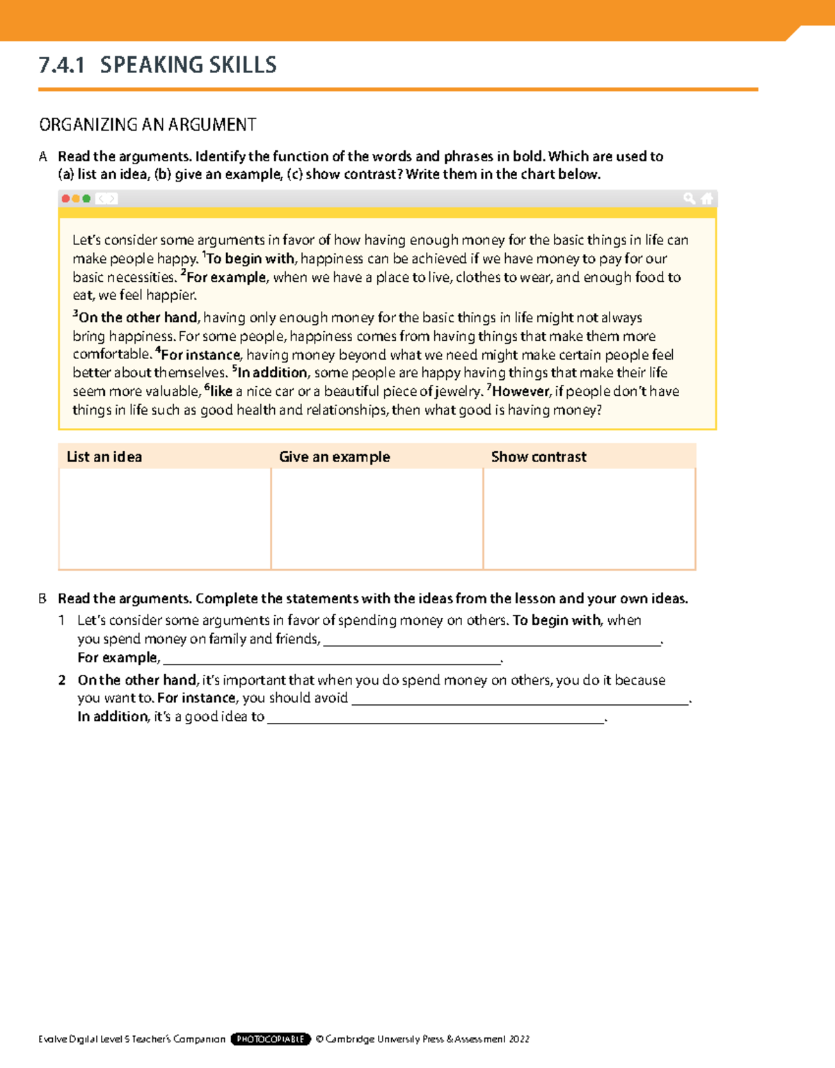 Evolve Digital Level 5 Worksheets 7 - ORGANIZING AN ARGUMENT A Read the ...