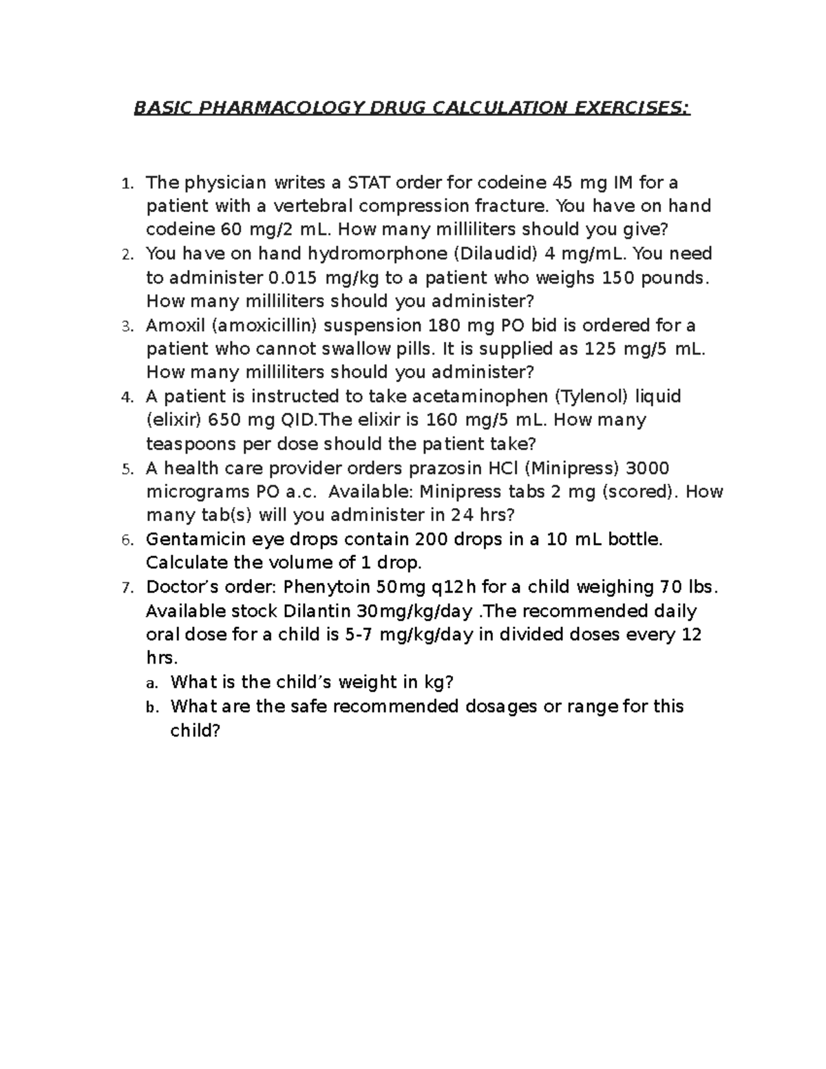 Pharma DRUG Calculation Exercises - BASIC PHARMACOLOGY DRUG CALCULATION ...