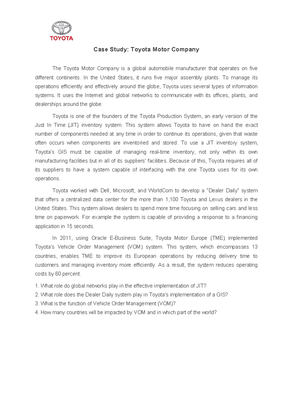 Case Study Toyota - practica investigacion de mercados en ingles - Case Study: Toyota Motor ...