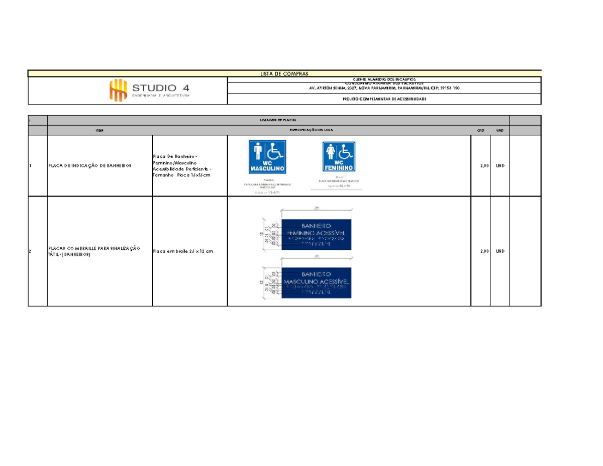 Planilhas placas - 1 ITEM QTD UND 1 PLACA DE INDICAÇÃO DE BANHEIROS ...