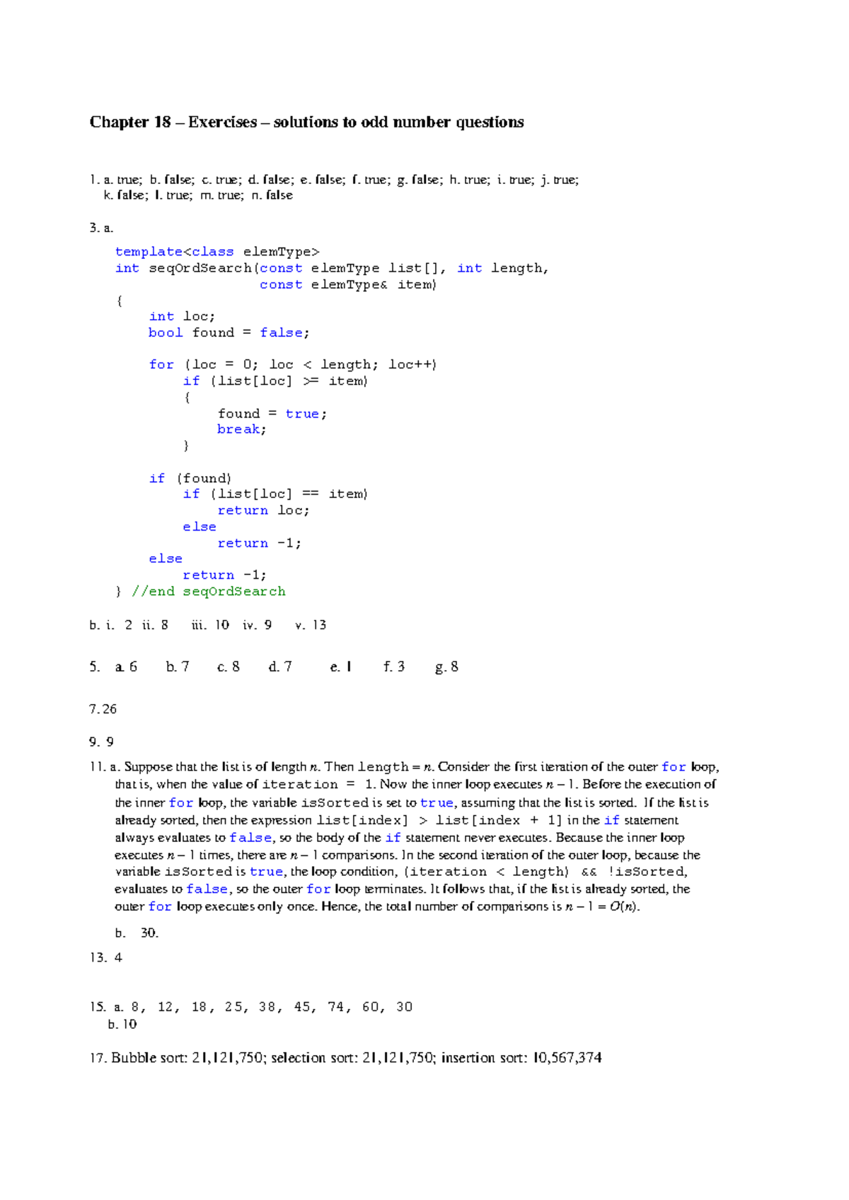 Solutions Exercises Chap 18 - Chapter 18 – Exercises – solutions to odd number questions a. true ...