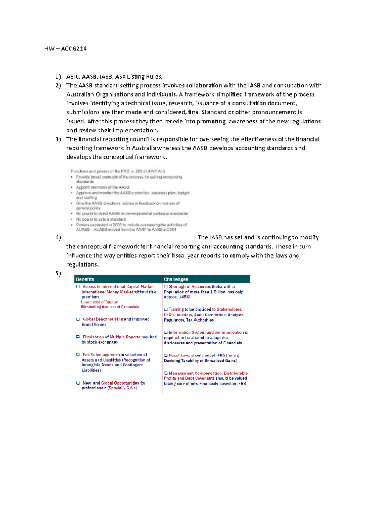 HW1 - Answer to hw - HW – ACCG ASIC, AASB, IASB, ASX Listing Rules. The AASB standard setting ...