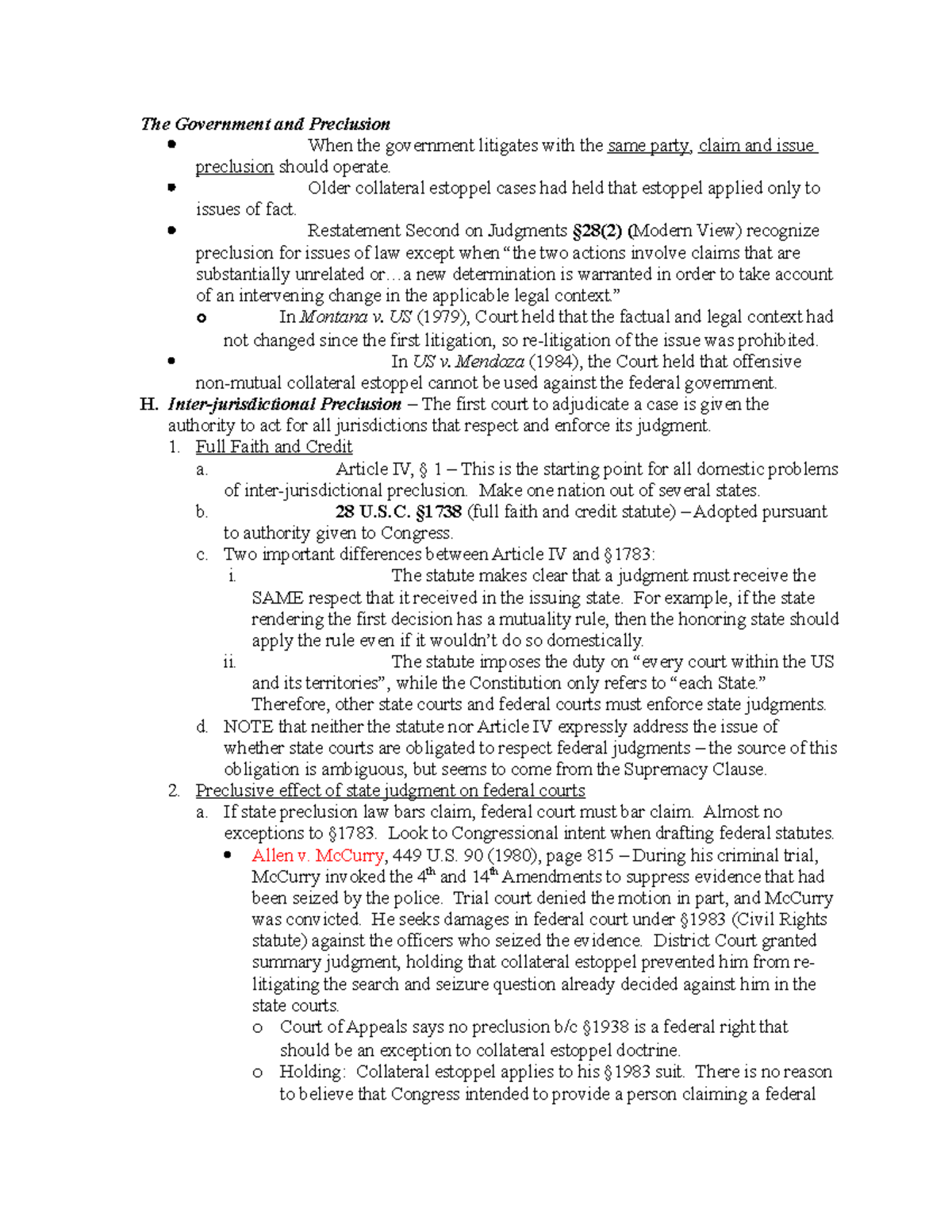 Civil Procedure Law Outline - 2 - The Government and Preclusion When ...