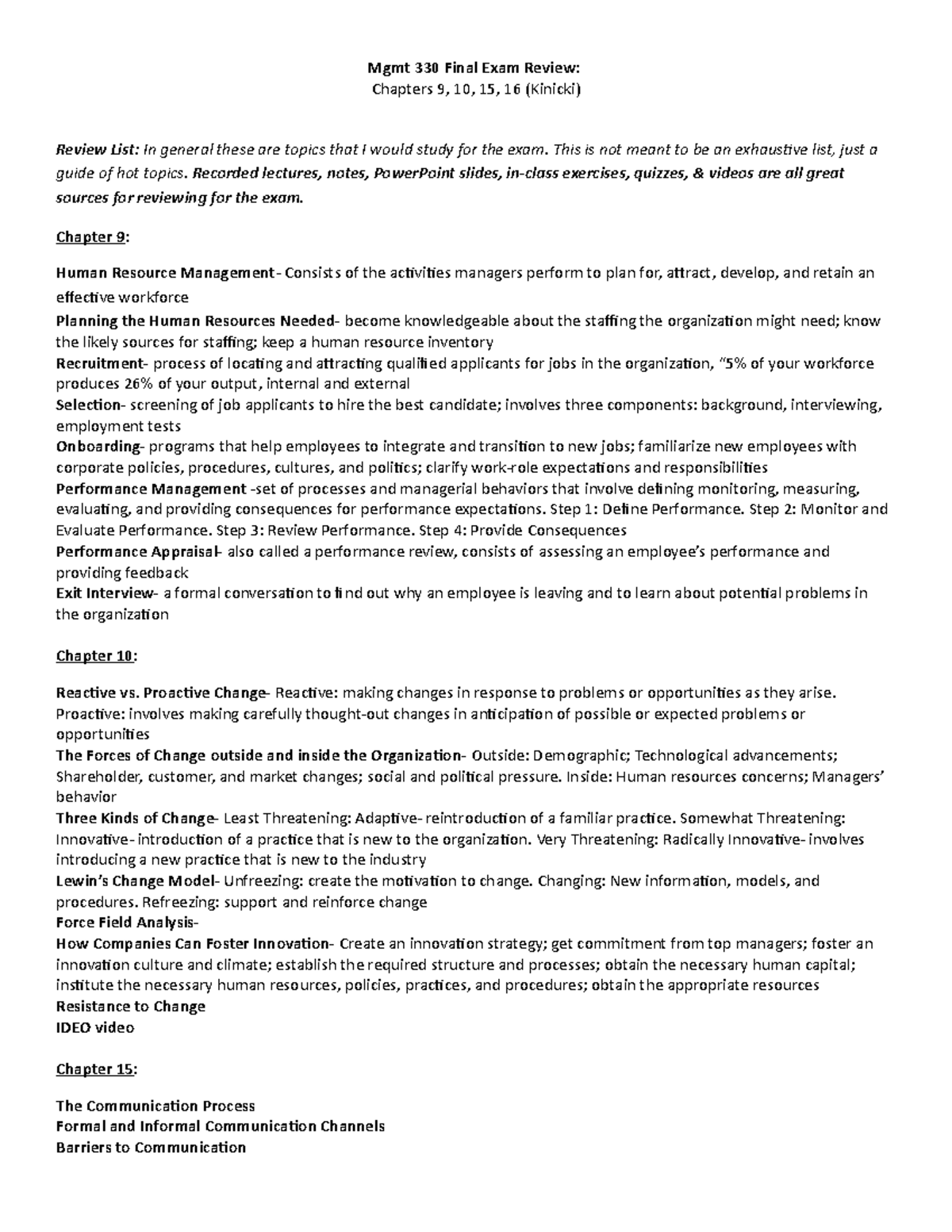 MGMT 330 Final Exam Review - Mgmt 330 Final Exam Review: Chapters 9, 10 ...