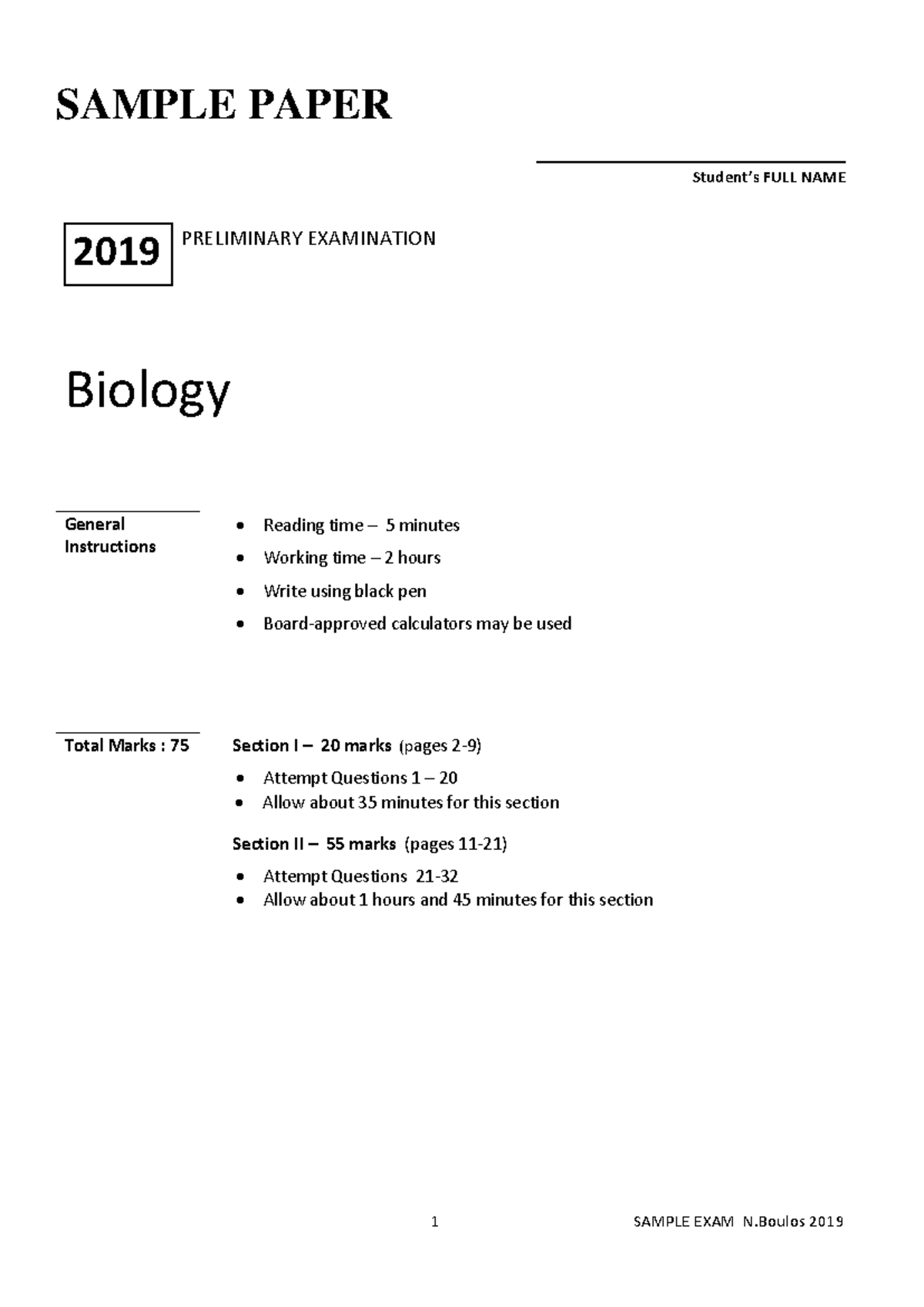 2019 Sample Biology Past Paper - 1 SAMPLE EXAM N 2019 SAMPLE PAPER ...