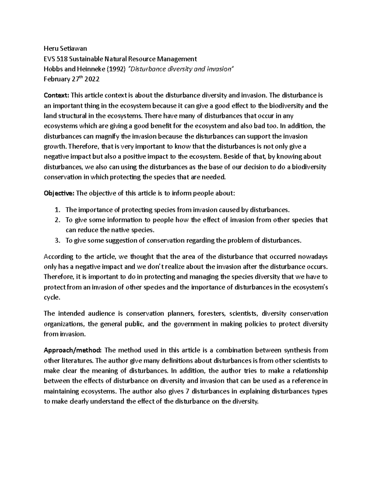 Heru Setiawan Hobbs and Heinneke 1992 Disturbance diversity and invasion (re-summarize) - Heru ...