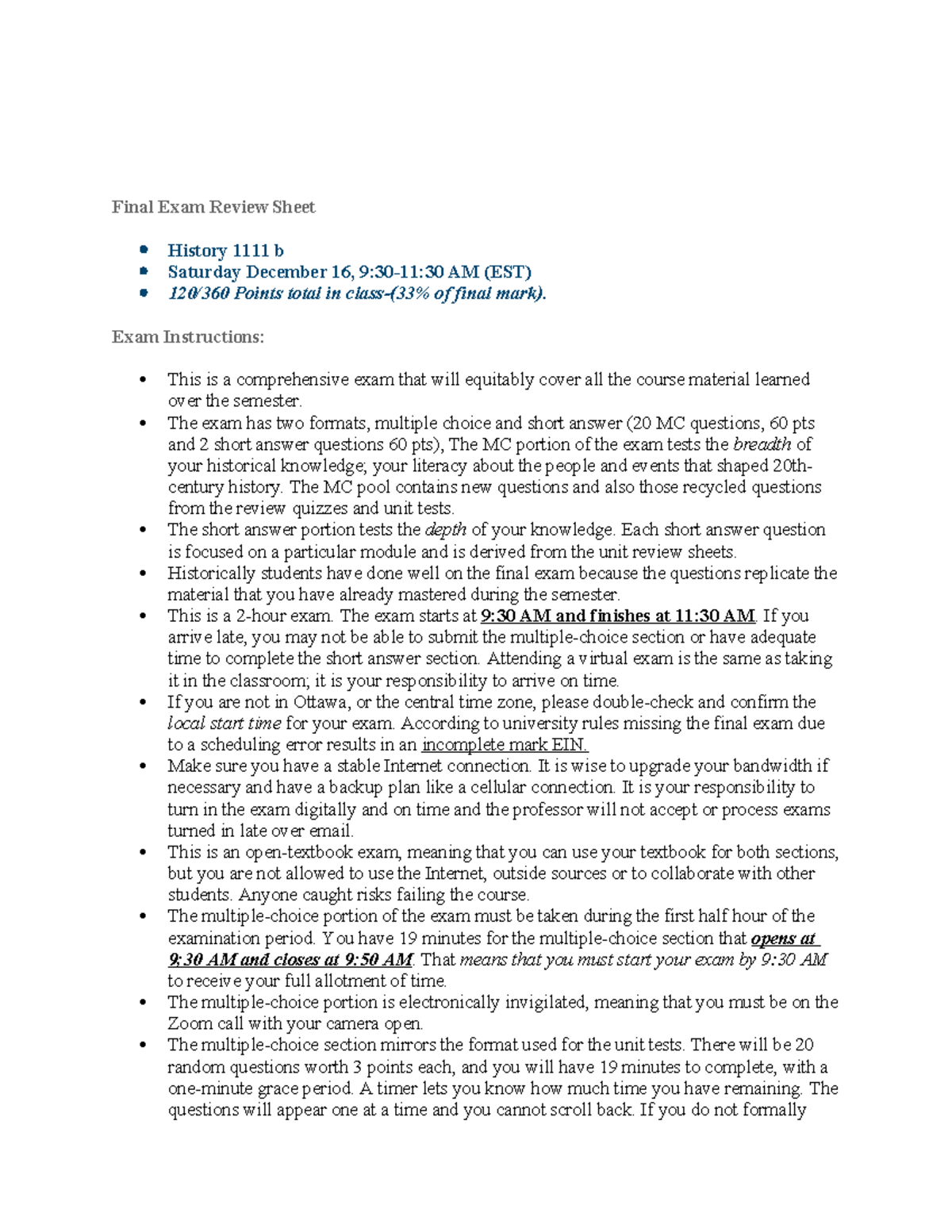 Final Exam Review Sheet.2023b1 - Final Exam Review Sheet History 1111 b Saturday December 16 ...