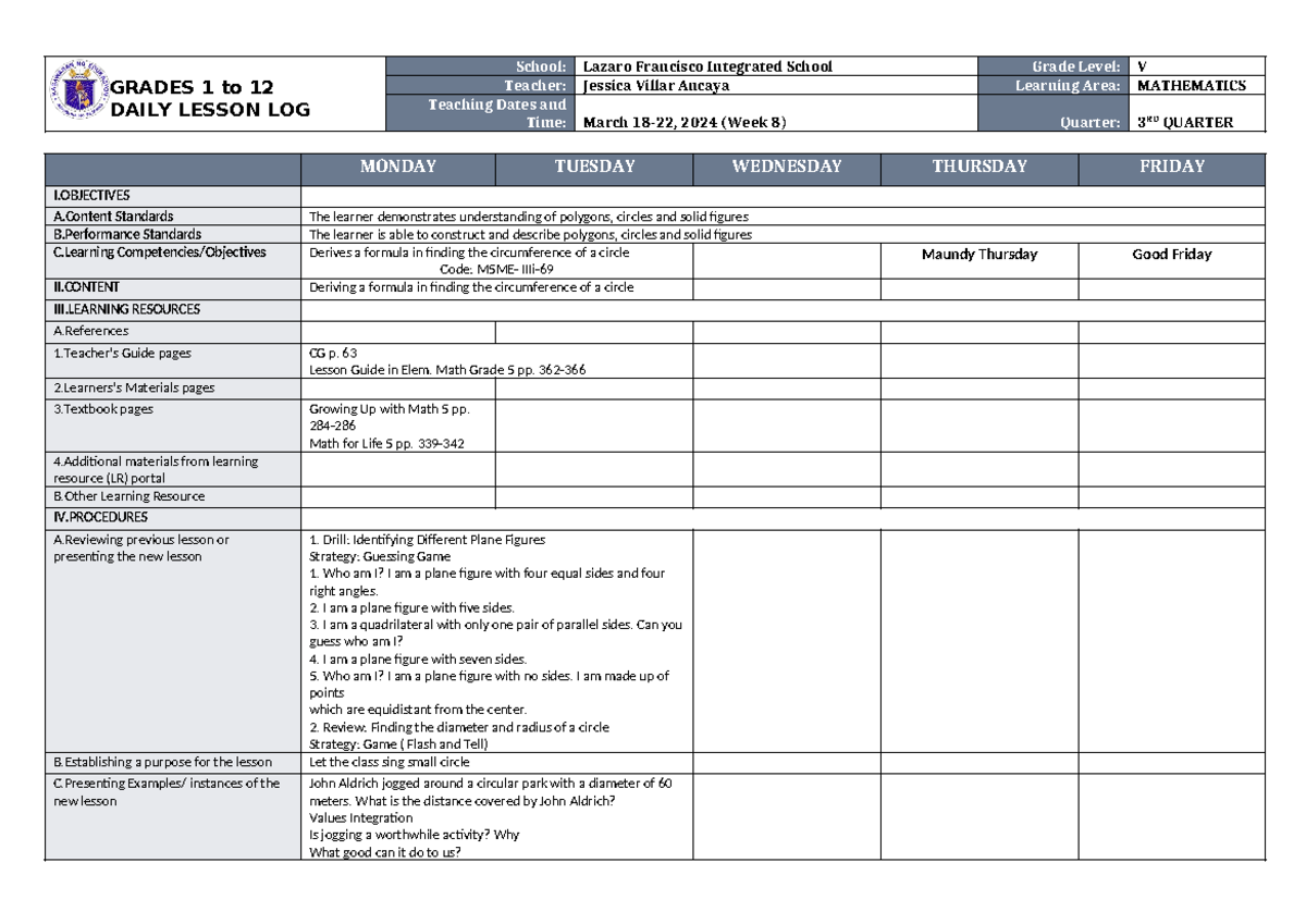DLL Mathematics 5 Q3 W8 - GRADES 1 to 12 DAILY LESSON LOG School ...