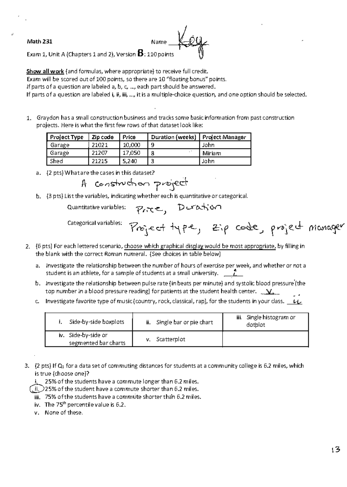 Exam 1 #2 for Release - KEY - Math 231 Name-+ -·t2!- - Exam 1, Unit A (Chapters 1 and 2 ...