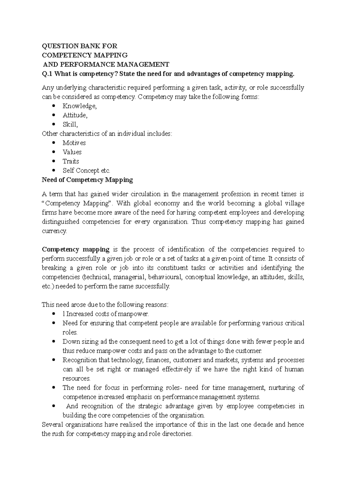 Performance management - QUESTION BANK FOR COMPETENCY MAPPING AND ...