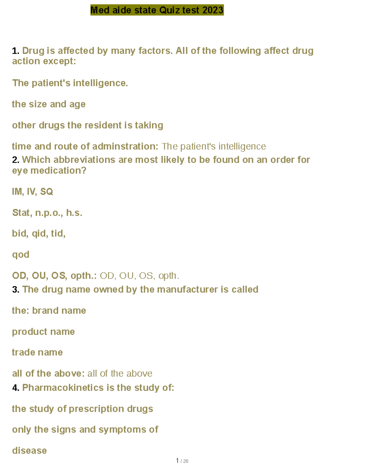 Med aide state test Questions And Answers 1 - Med aide state Quiz test ...