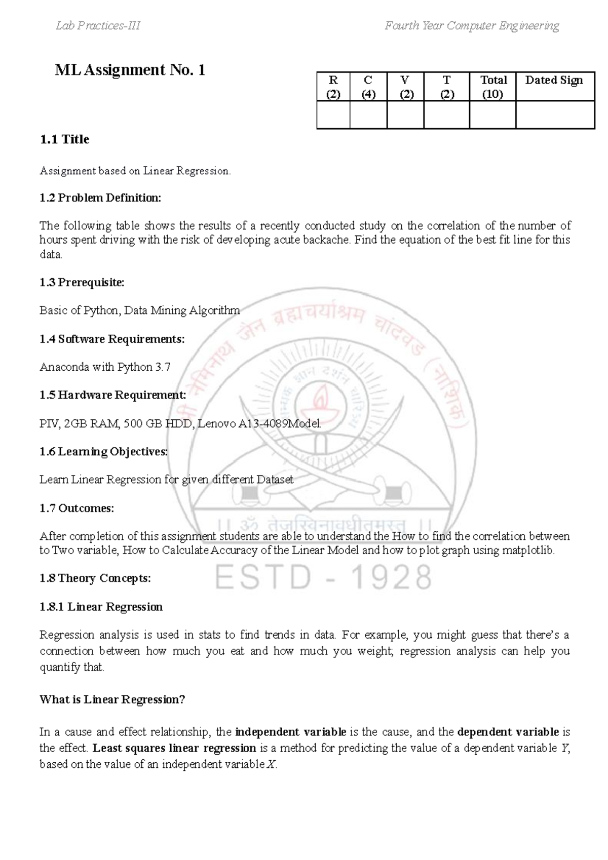 Linear Regression Manual of machine learning - ML Assignment No. 1 1 ...