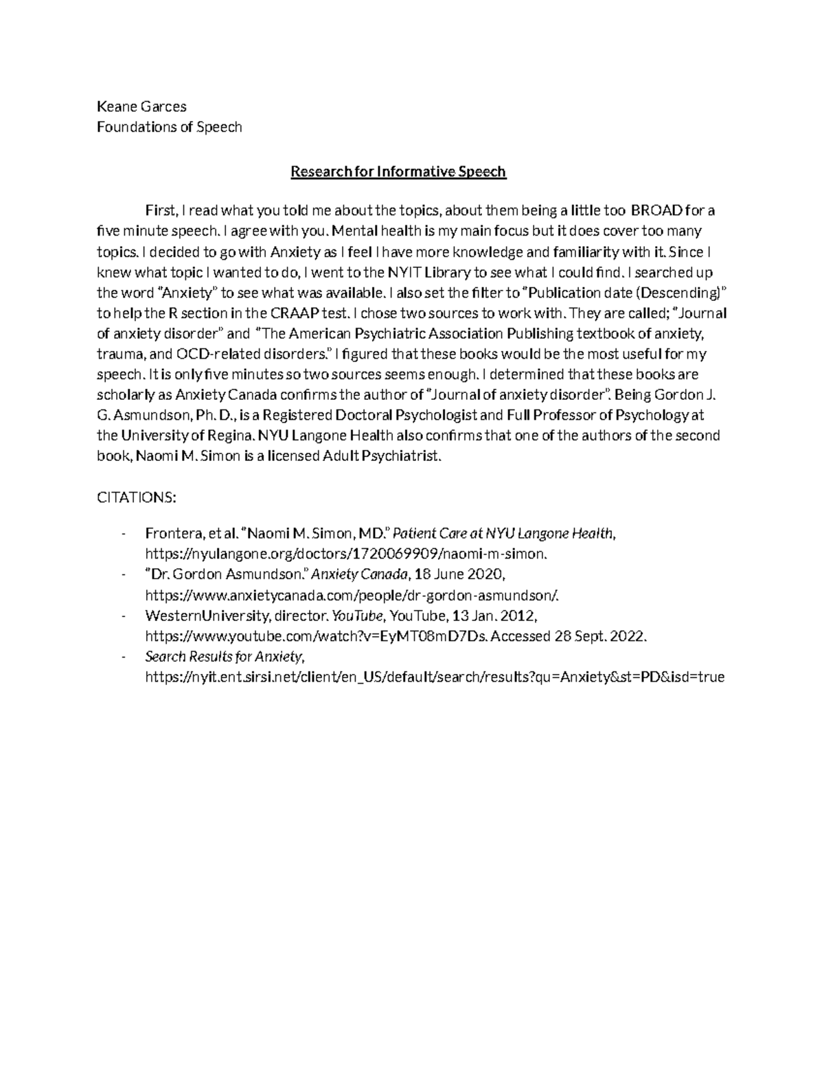 Research for Informative Speech - Keane Garces Foundations of Speech ...