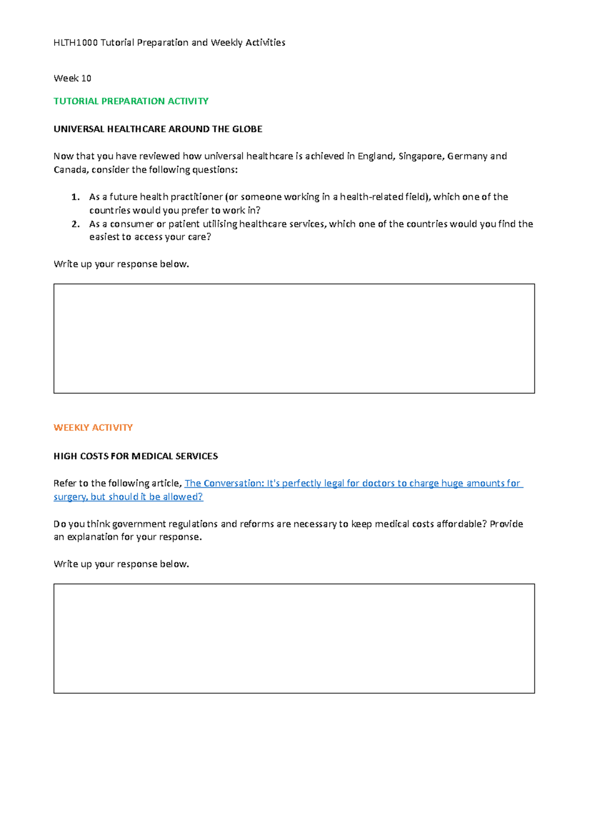 Week 10 tutorial preparation - HLTH1000 Tutorial Preparation and Weekly Activities Week 10 ...