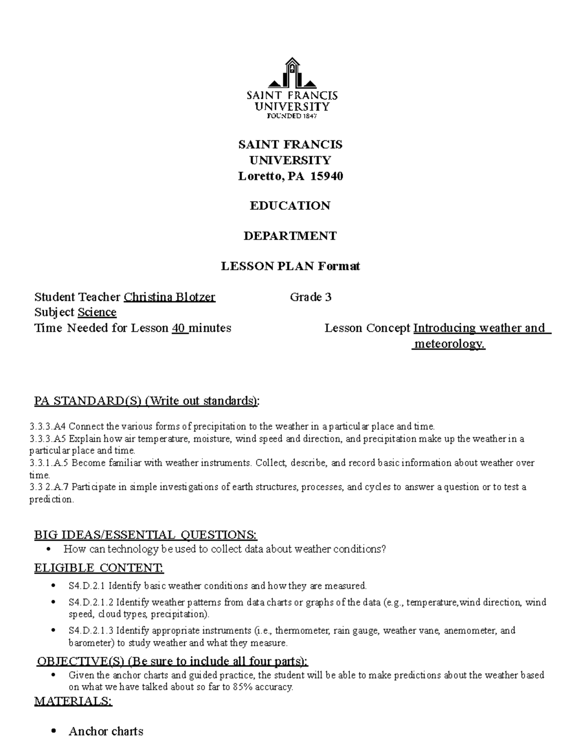 Lesson Plan2 - SAINT FRANCIS UNIVERSITY Loretto, PA 15940 EDUCATION ...