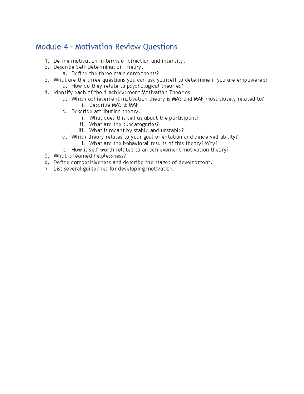 Module 4 - Motivation 1 - Module 4 – Motivation Review Questions Define ...