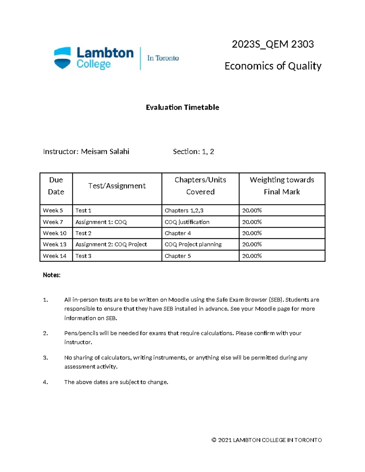 Evaluation Timetable-2023S QEM 2303 - 2023S_QEM 2303 Economics of Quality Evaluation Timetable ...