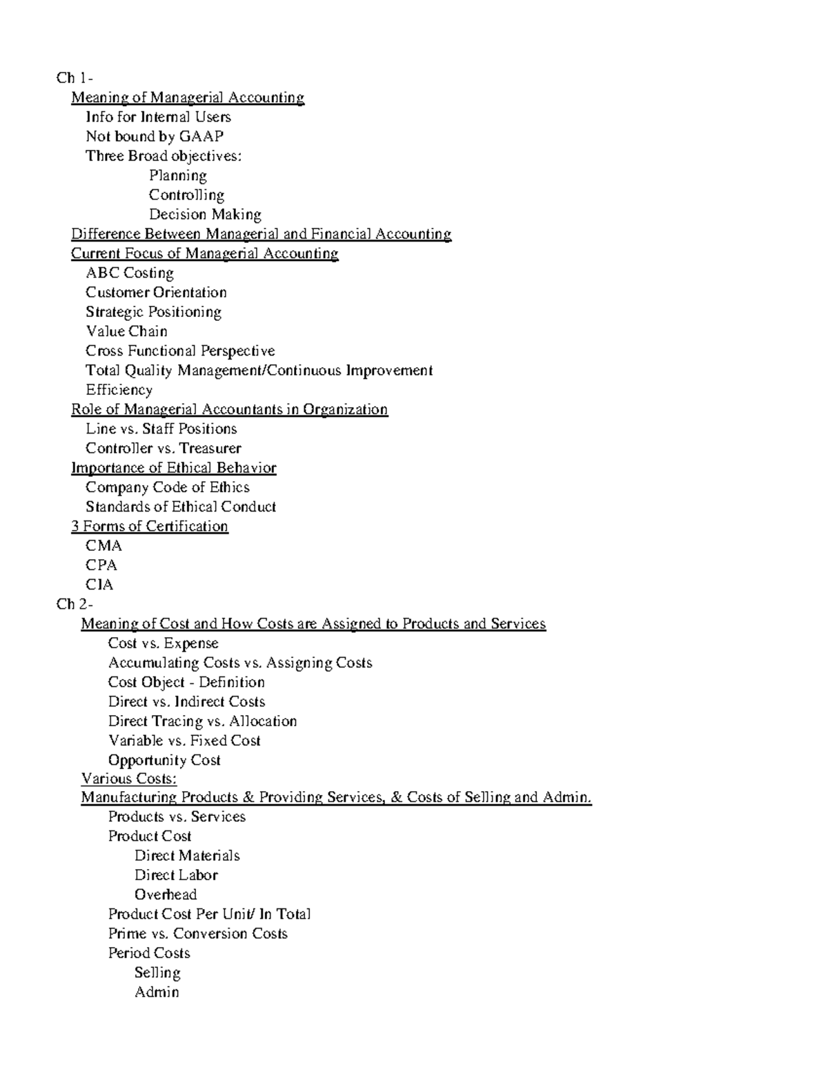 210 Ch 1-3 Exam Topics-Cengage - Ch 1- Meaning of Managerial Accounting ...