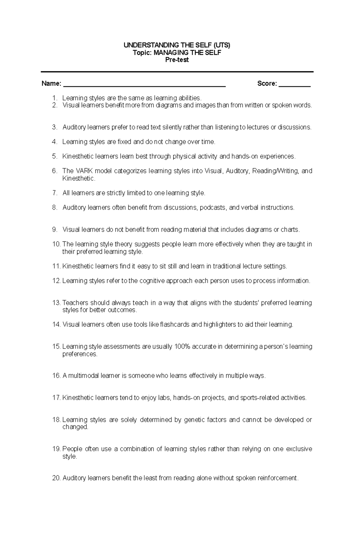 UTS - Bshwbwbbe - UNDERSTANDING THE SELF (UTS) Topic: MANAGING THE SELF ...