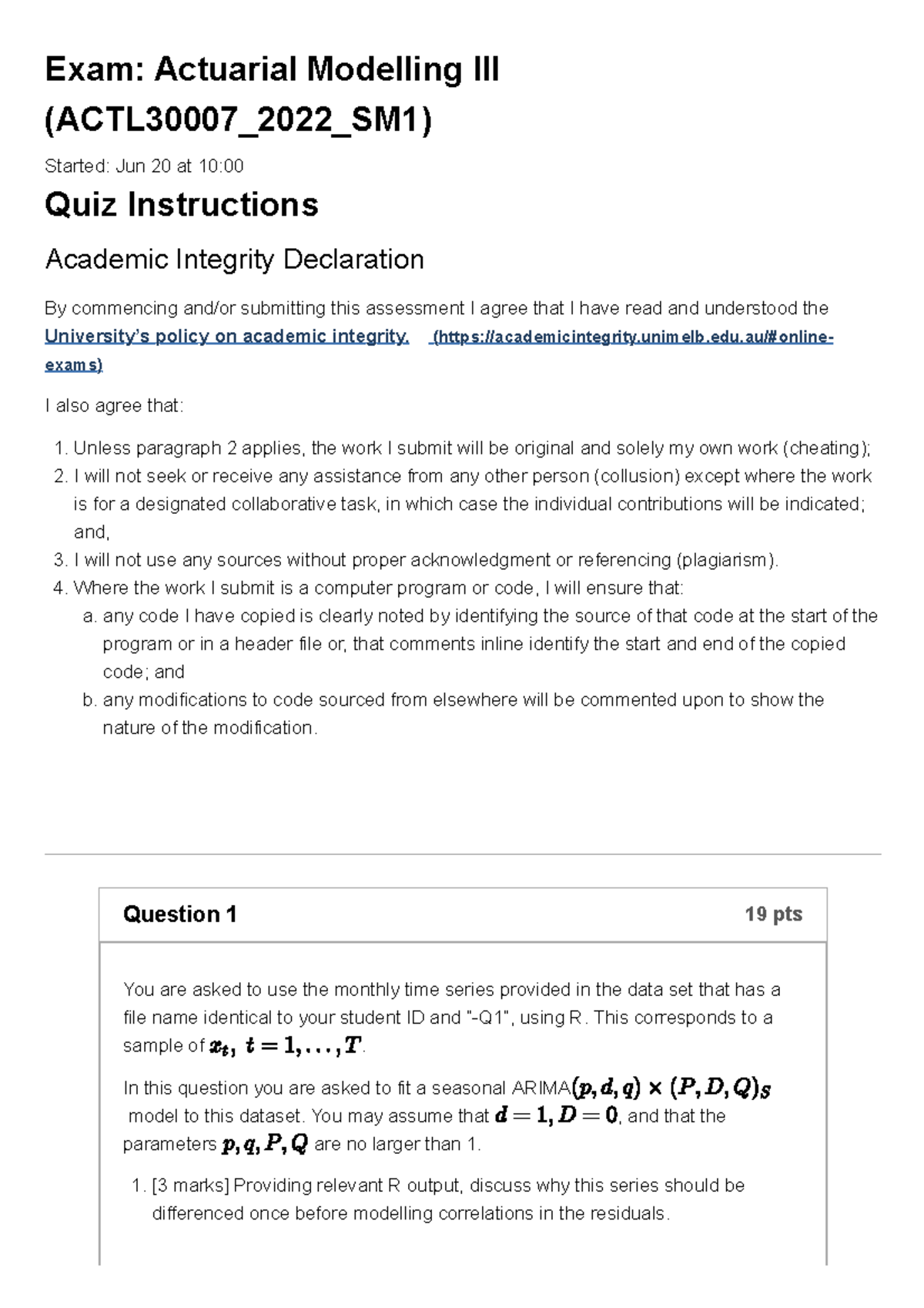 Finals Question Paper - Exam: Actuarial Modelling III (ACTL30007_2022 ...