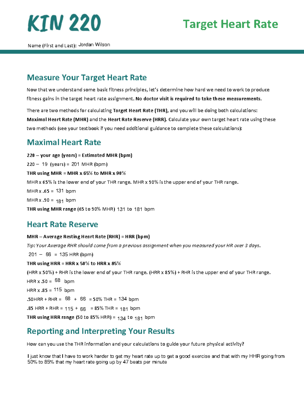 KIN220 Target HR Worksheet 2022 upload - Target Heart Rate Name (First ...